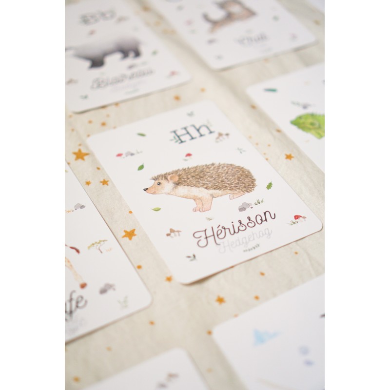 Lot de Cartes Abécédaire et Chiffres Animaux Aquarelle Français-Anglais