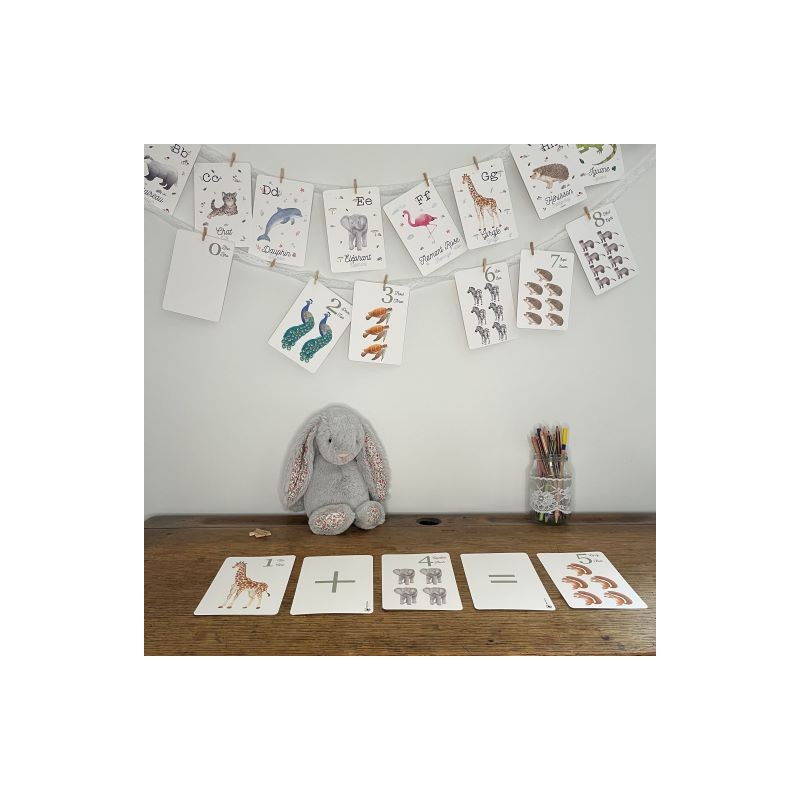 Lot de Cartes Abécédaire et Chiffres Animaux Aquarelle Français-Anglais