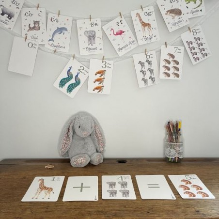 Lot de Cartes Abécédaire et Chiffres Animaux Aquarelle Français-Anglais